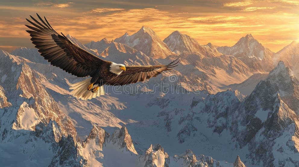 At Sunrise, a Bald Eagle Majestically Soars Over Mountains Covered in Snow Stock Photo - Image ...
