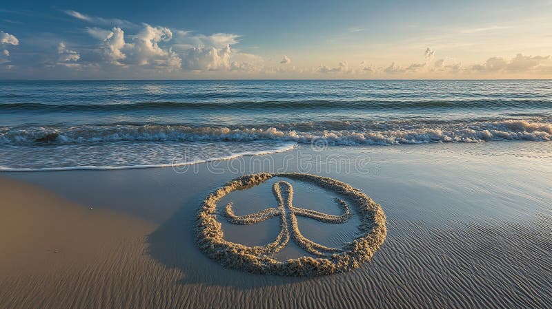 Sunrise Beach Peace Symbol in Sand Stock Image - Image of relaxation ...