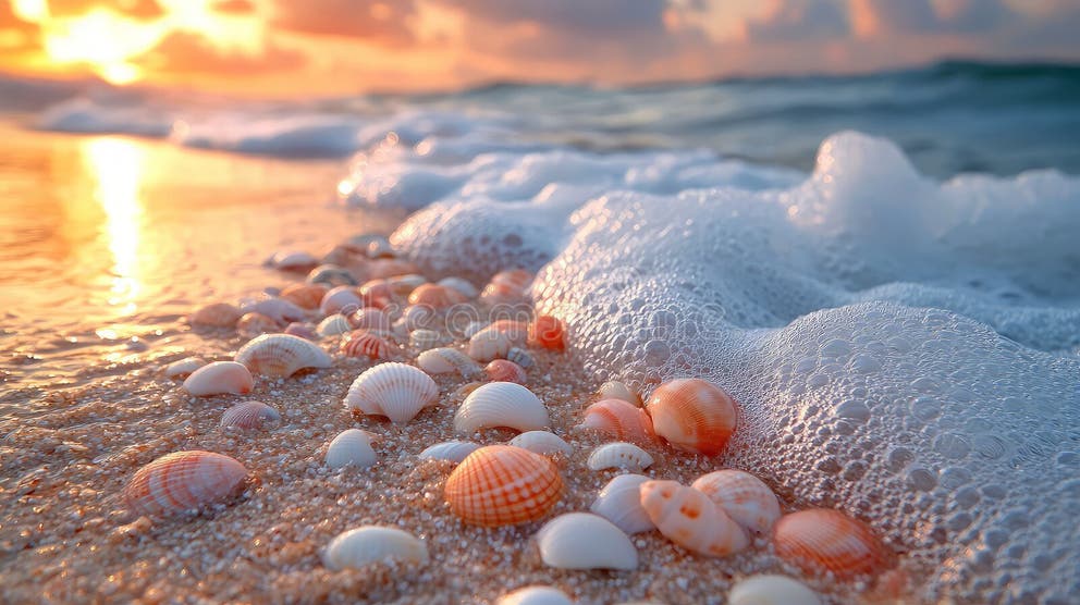 Sunrise Beach Shells - Coastal Scene Stock Photo - Image of morning ...