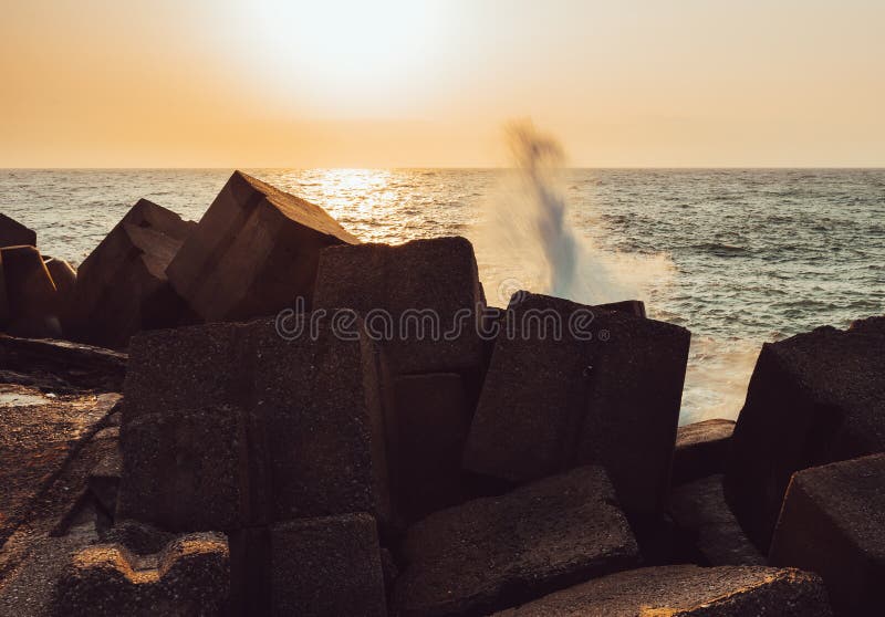 Sunrise on the Beach Wave Breaker, Seascape with Rocks and Silk Effect ...