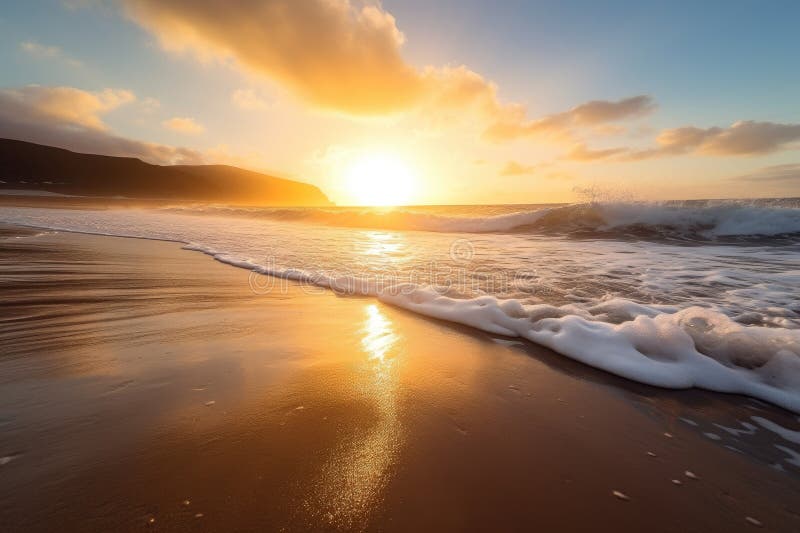 Sunrise on the Beach, with Waves Breaking and the Sun Rising in the Sky ...