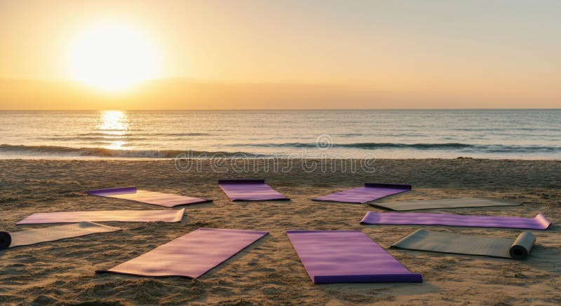 Sunrise Beach Yoga Setup with Mats on Sandy Shore Stock Photo - Image ...