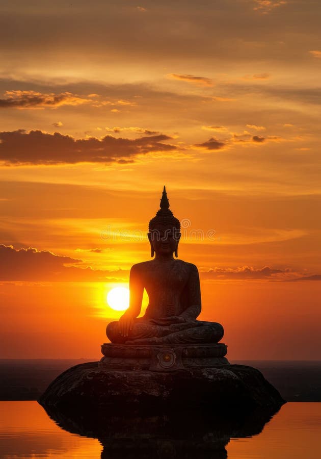 Sunrise Behind Buddha Statue, Strong Reflection in Calm Water ...