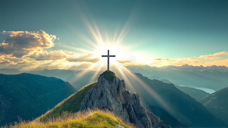 Sunrise Behind Cross on Mountain Peak Stock Photo - Image of landscape ...