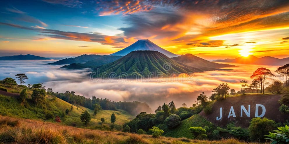 Sunrise Behind Volcano in Java Land Stock Illustration - Illustration ...