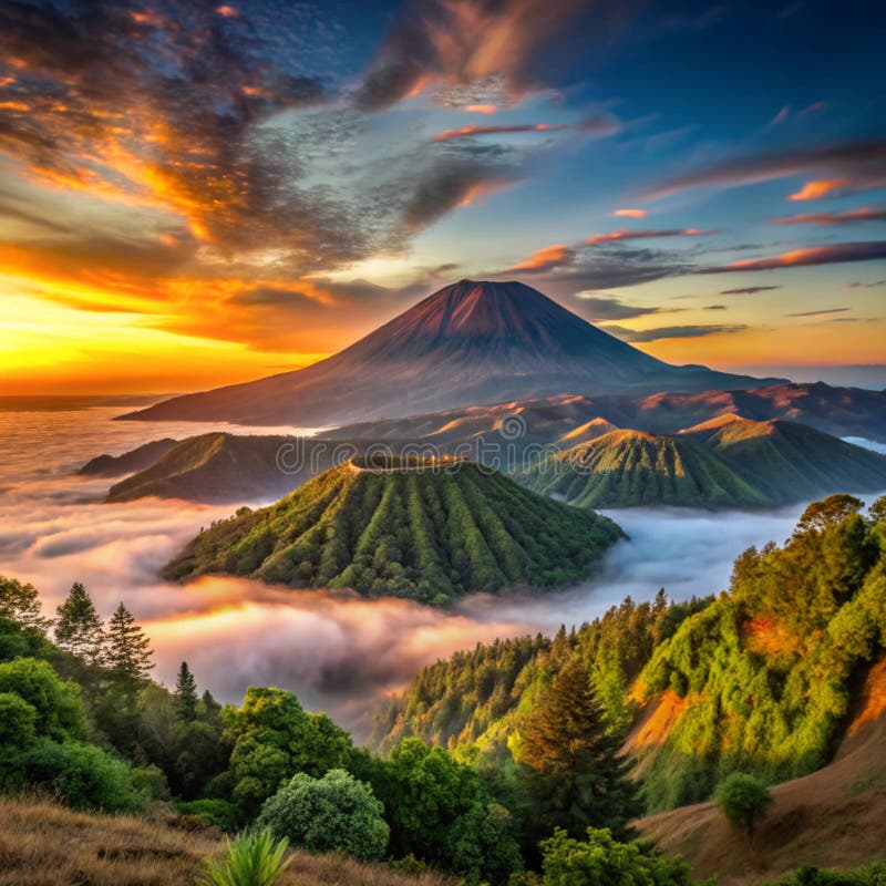 Sunrise Behind Volcano in Java Land Stock Illustration - Illustration ...