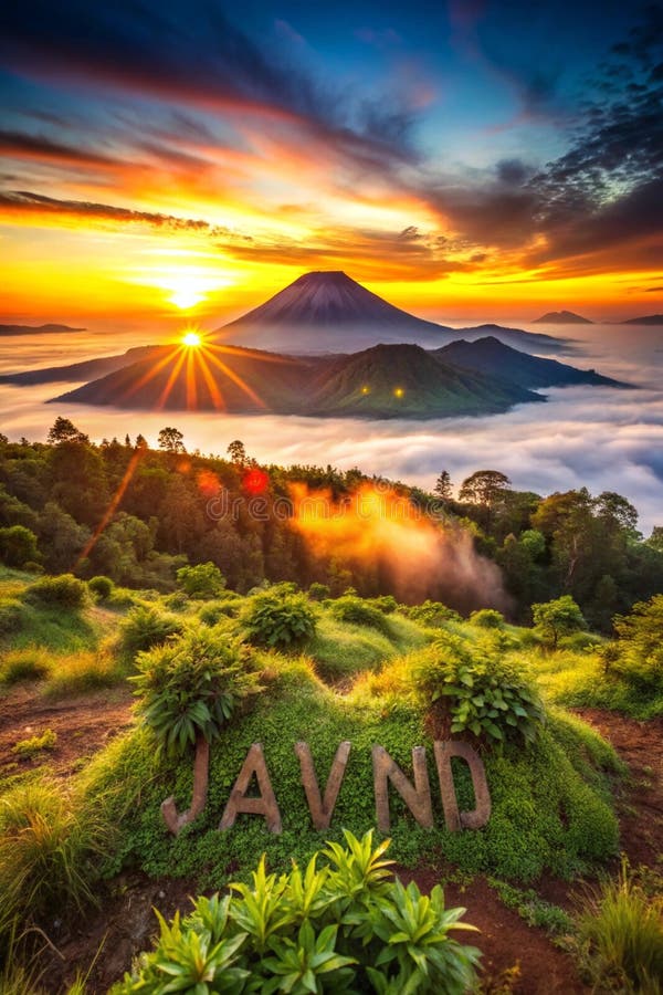 Sunrise Behind Volcano in Java Land Stock Illustration - Illustration ...