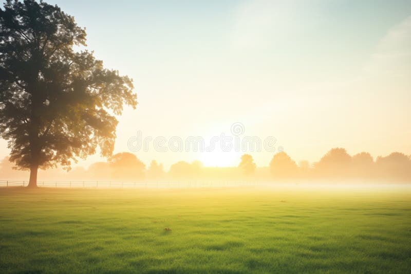 Sunrise Breaking through the Fog Over a Green Pasture Stock Image ...