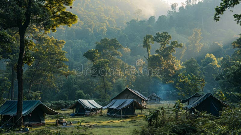 Sunrise Breaking through the Mist Over Tents in a Dense Forest Camping ...