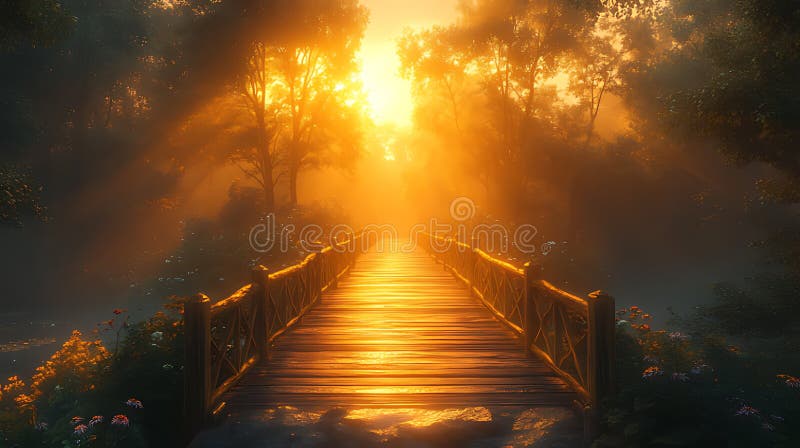 Sunrise Bridge Path Forest Mystical Golden Hour Stock Illustration - Illustration of serene ...