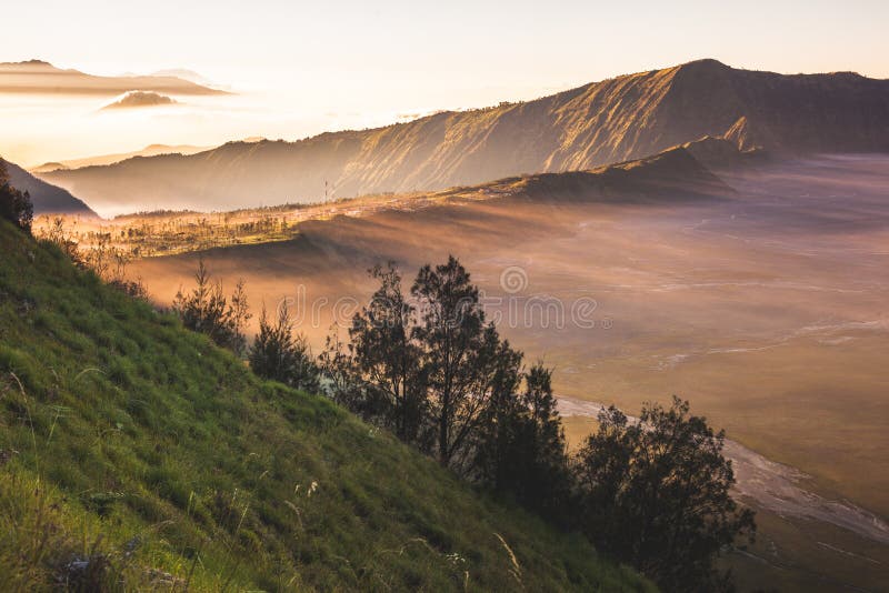 Sunrise at Bromo Mountain Village Stock Image - Image of morning ...