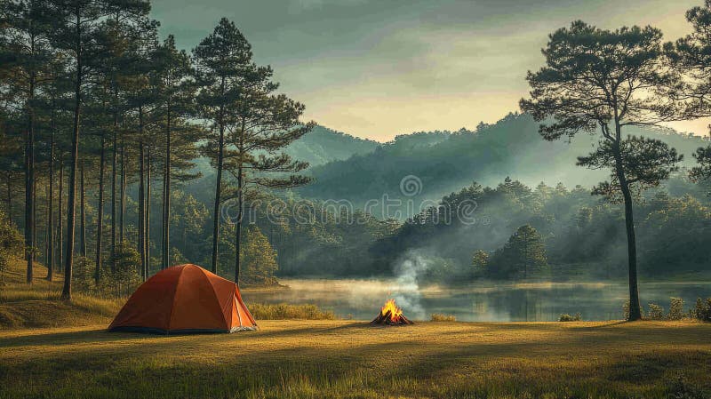 Sunrise Camping Scenic Lake Orange Tent Campfire Tranquil Forest ...