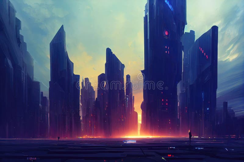 Sunrise City Scene of a Future Sci Fi Town, Ai Generated Image Stock ...