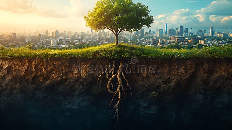 Sunrise City Tree Roots Soil Nature Growth Stock Illustration ...