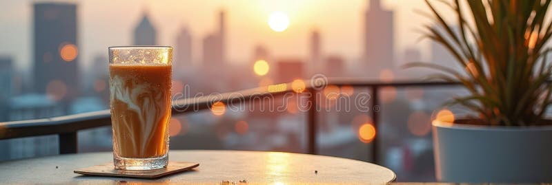 Sunrise Cityscape with Iced Coffee on Rooftop Terrace Stock Image ...