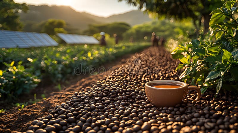 Sunrise Coffee Beans Farm Solar Power Stock Illustration - Illustration ...
