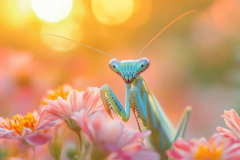 Sunrise Colors Blend with Praying Mantis in Garden Scenery Stock Image ...
