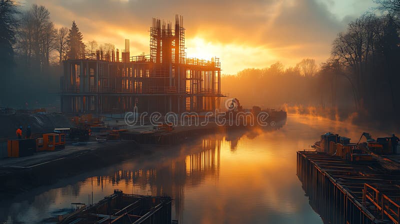 Sunrise Construction Site, River Fog, Building Frame Stock Illustration ...