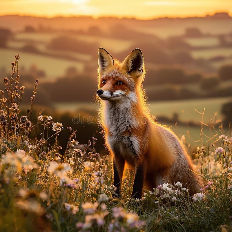 Sunrise in the Cotswolds with Red Fox in England Stock Illustration ...