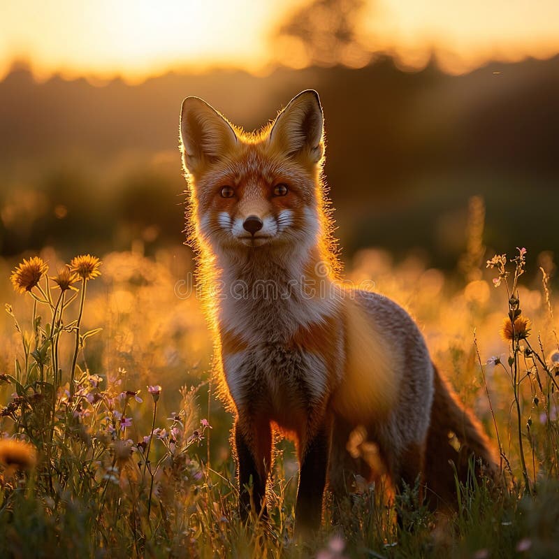 Sunrise in the Cotswolds with Red Fox in England Stock Illustration ...