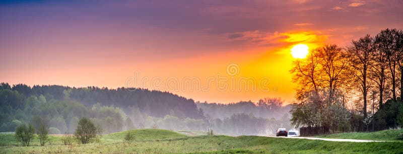 Sunrise at a Countryside with Big House and Field Stock Image - Image ...