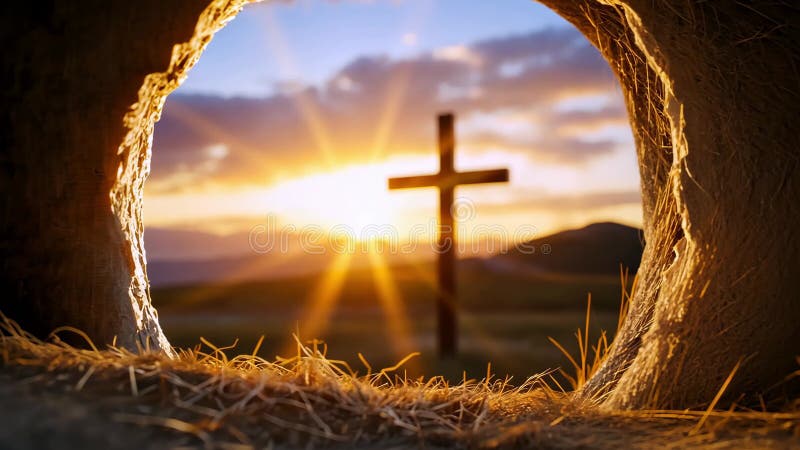 Sunrise Cross View from Cave Symbolizing Hope and Resurrection Stock ...