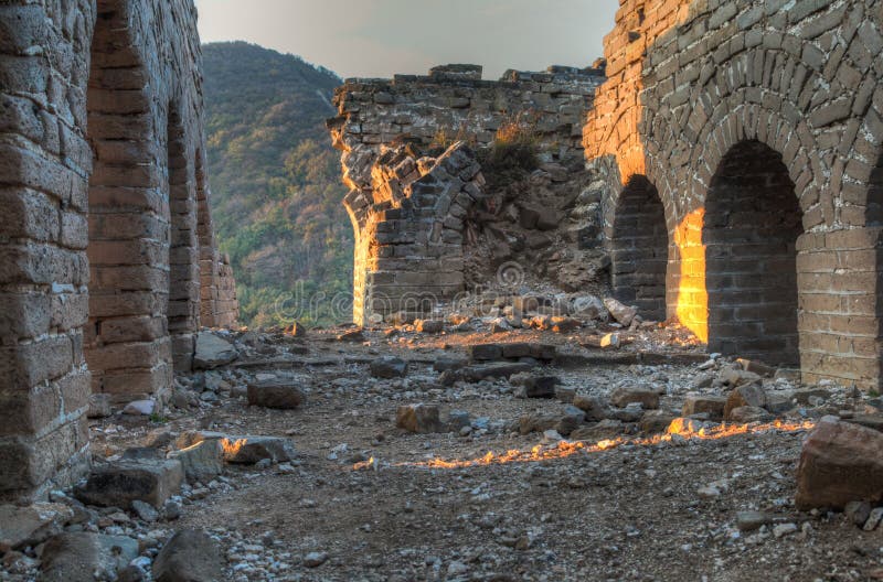 Sunrise in a Crumbling Guard Tower on the Great Wall of China Stock ...