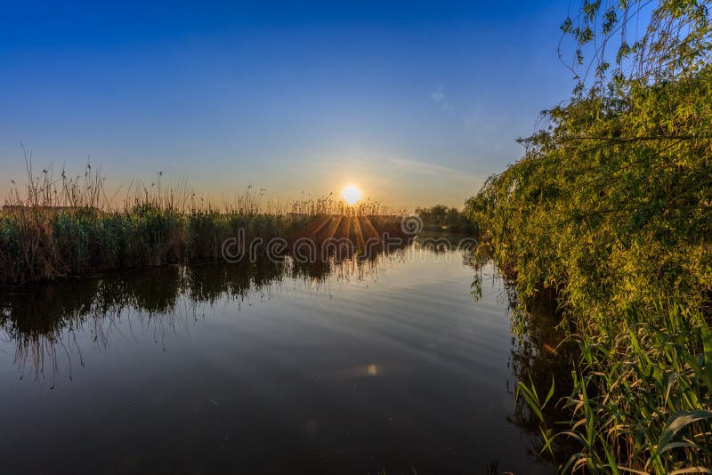 Sunrise in Danube Delta stock image. Image of europe - 73432521