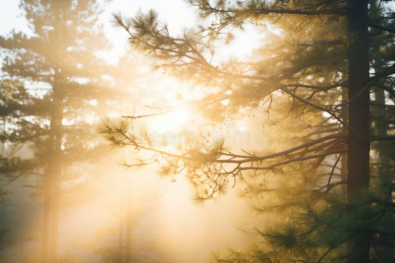 Sunrise through Dense Pine Trees, Light Rays Piercing the Fog Stock ...