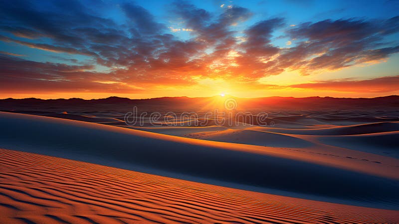 Sunrise in a Desert with Colorful Dunes in the Foreground Stock ...