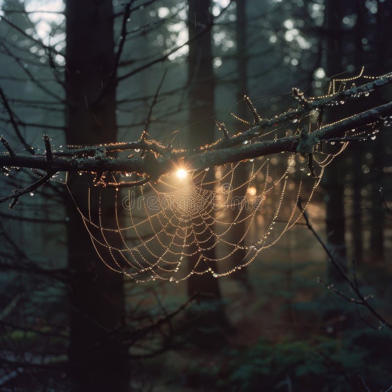 Sunrise through a Dew-covered Spider Web in a Forest Stock Illustration ...