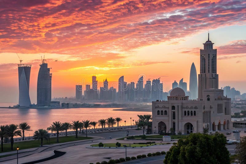 Sunrise in Doha stock illustration. Illustration of golden - 357727150