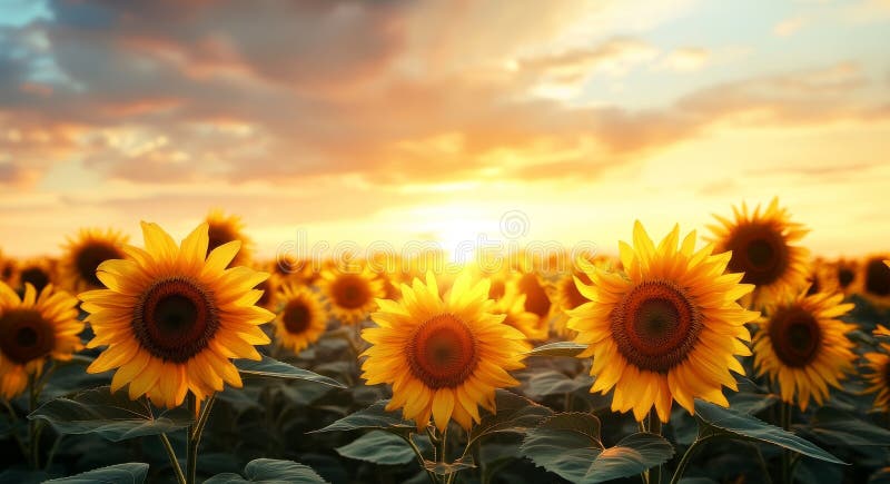 At Sunrise, a Dramatic Sky and Golden Light Create a Stunning Sunflower ...