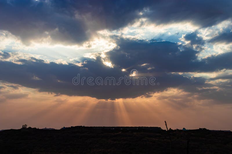 Sunrise Dramatic Sky with Sun Beams with Dark Clouds at Dawn Stock ...