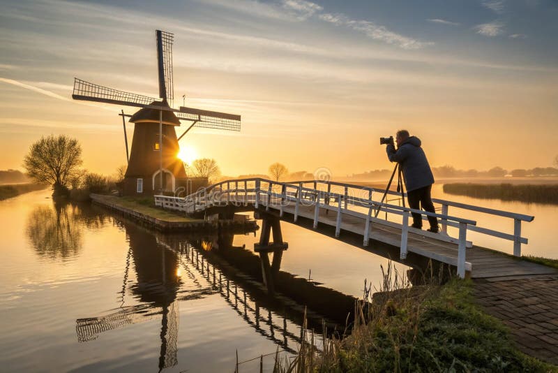 Sunrise on the Dutch Windmill with Space for Text Stock Illustration ...