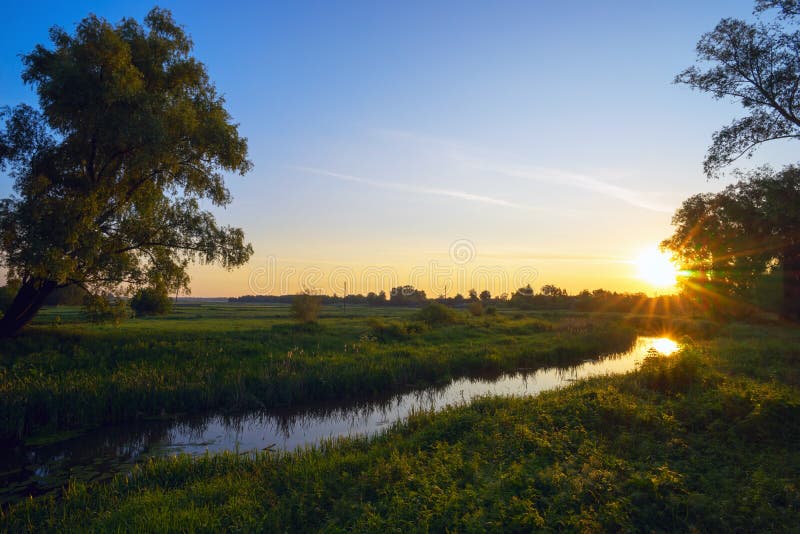 Sunrise in the Early Morning on the River in the Village. Stock Image ...