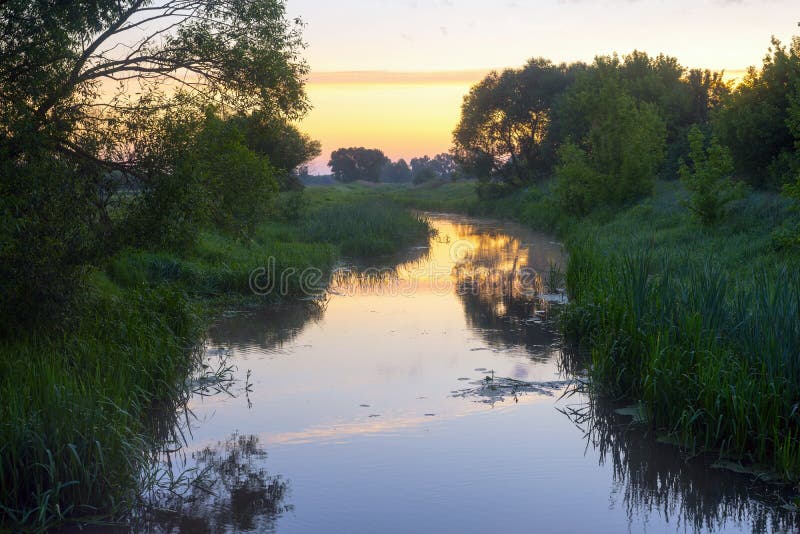 Sunrise in the Early Morning on the River in the Village. Stock Image ...