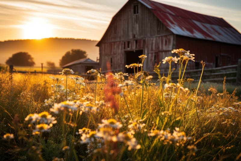 Sunrise Fields Rustic Barn Enveloped in Wildflower Hues, Sunrise and ...