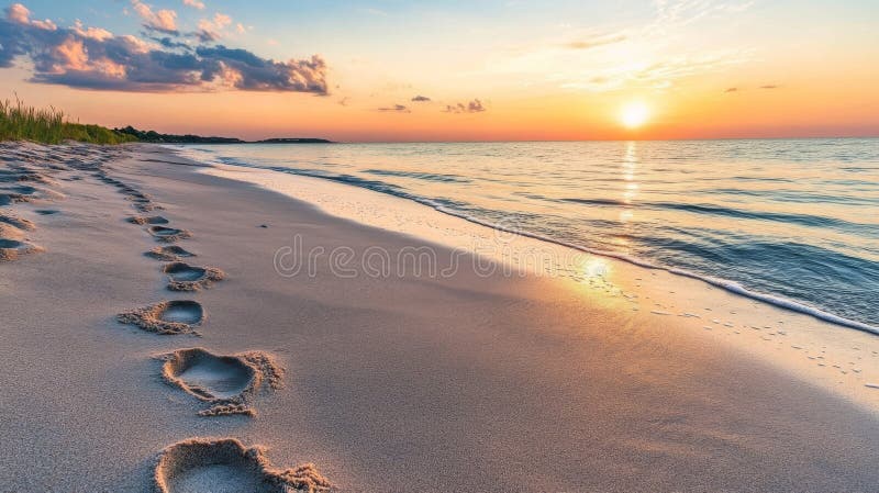 At Sunrise, Footprints Trace the Beach Sand, Stock Image - Image of ...