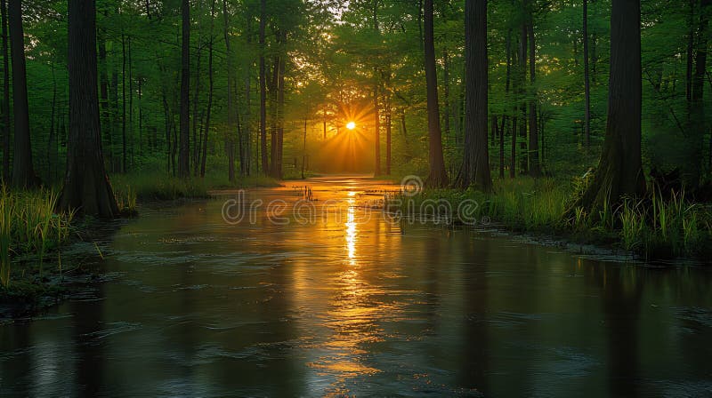 Sunrise Forest River Reflection Tranquil Nature Scene Stock ...