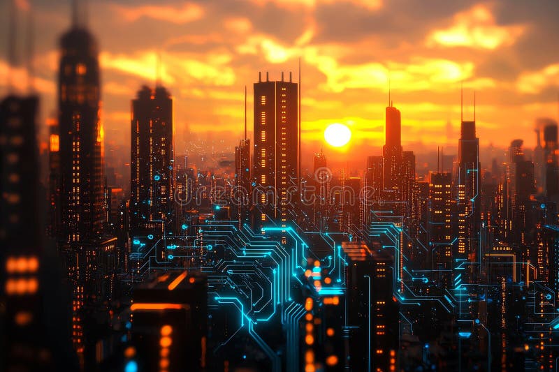 At Sunrise, a Futuristic Cityscape is Layered with an Overlay of ...