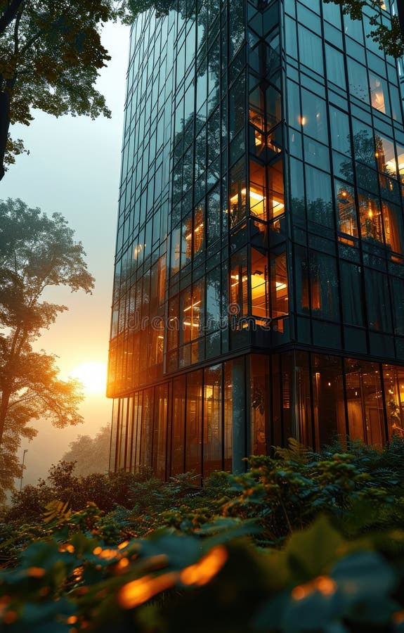 Sunrise at the Glass Tower stock illustration. Illustration of glass ...