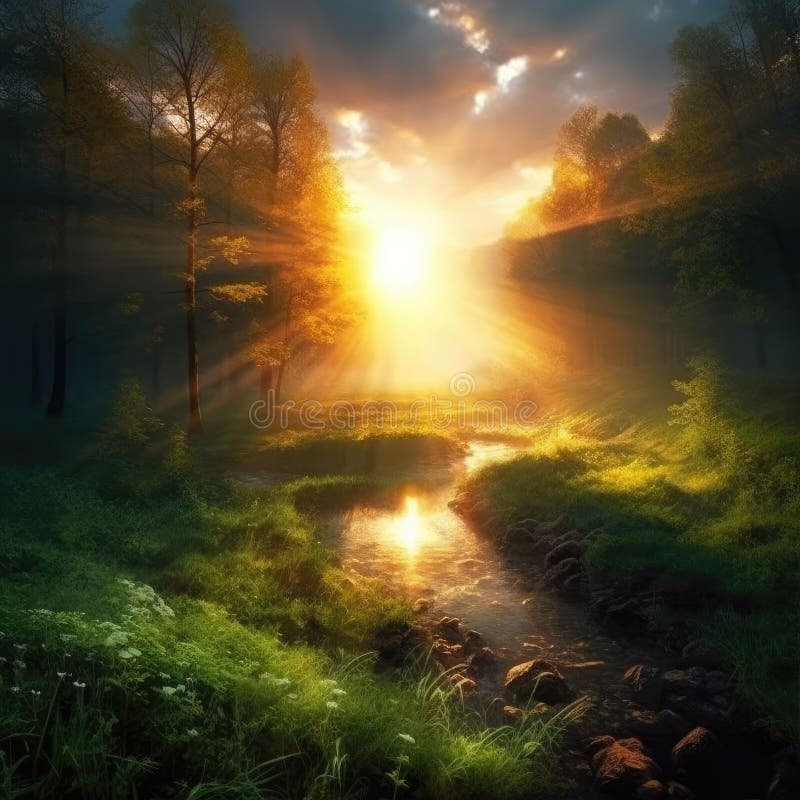 Sunrise in the Forest River Stock Illustration - Illustration of ...