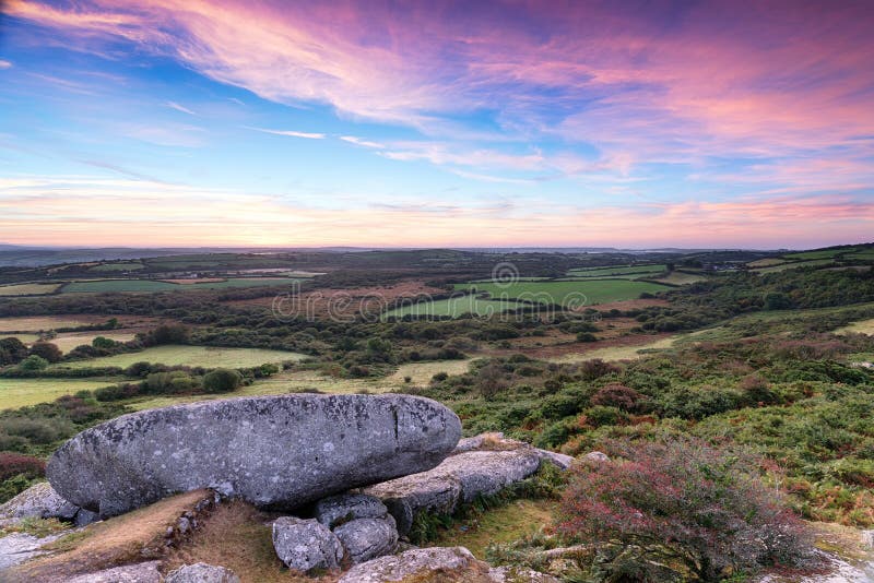 Sunrise at Helman Tor stock image. Image of dusk, farmland - 54855313