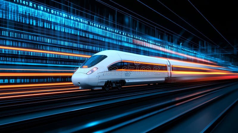 At Sunrise, a High-speed Train, Decorated with Shimmering Digital ...