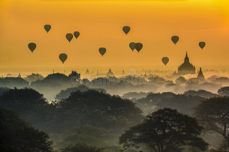 Sunrise Hot Air Balloons Over Bagan, Myanmar Stock Image - Image of ...