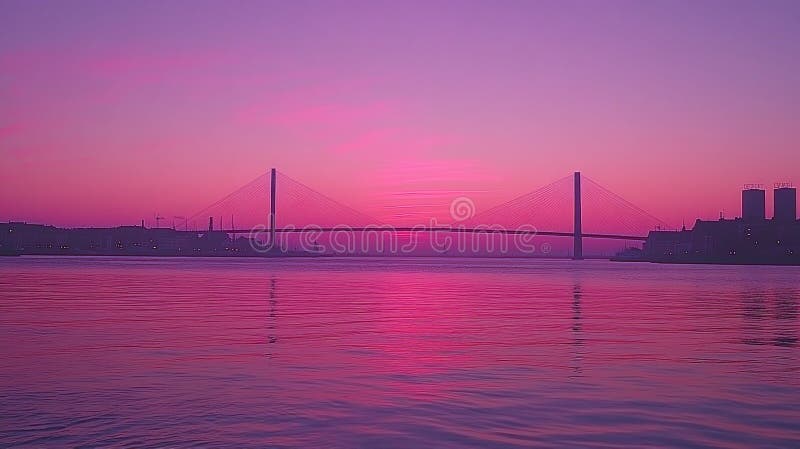 Sunrise Hues Paint a Vibrant Scene Over a Bridge and Harbor Stock ...