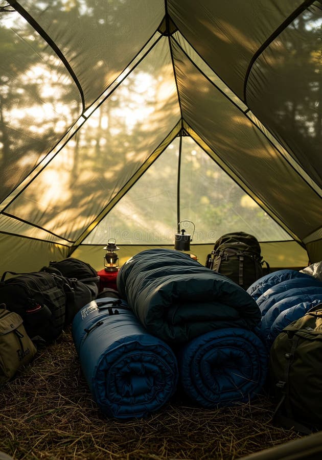 Sunrise Illuminates Camp Tent Interior with Sleeping Bags and Gear ...