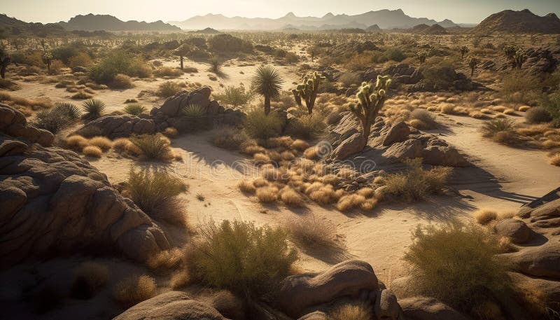 Sunrise Illuminates Dry, Eroded Stone Mountain Range Generated by AI ...