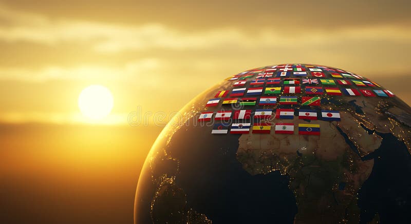 Global Unity at Sunrise: a World of Flags on Earth Stock Illustration ...
